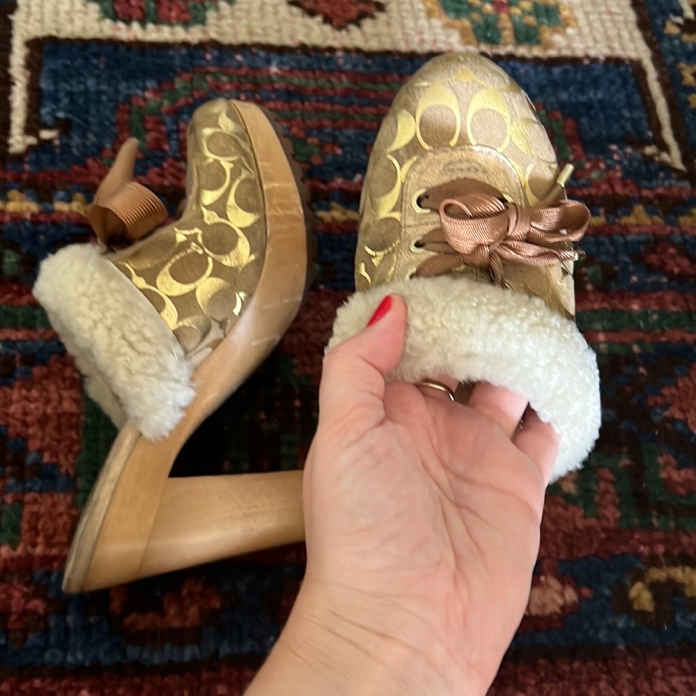 Coach Trim Gold Embossed Wooden Heeled Clogs - Gem